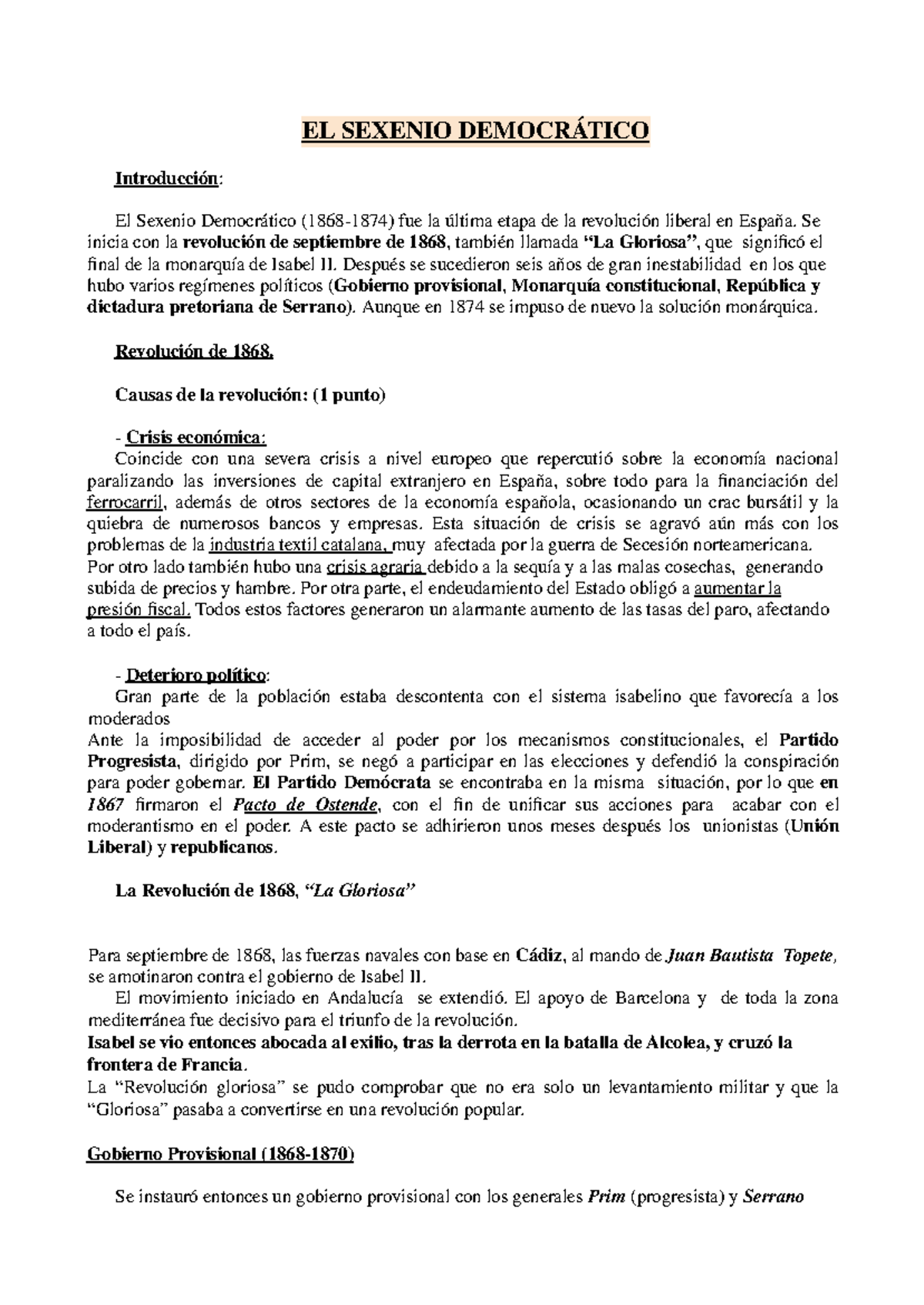 TEMA 3; El sexenio democrático - EL SEXENIO DEMOCRÁTICO Introducción: El Sexenio Democrático ...
