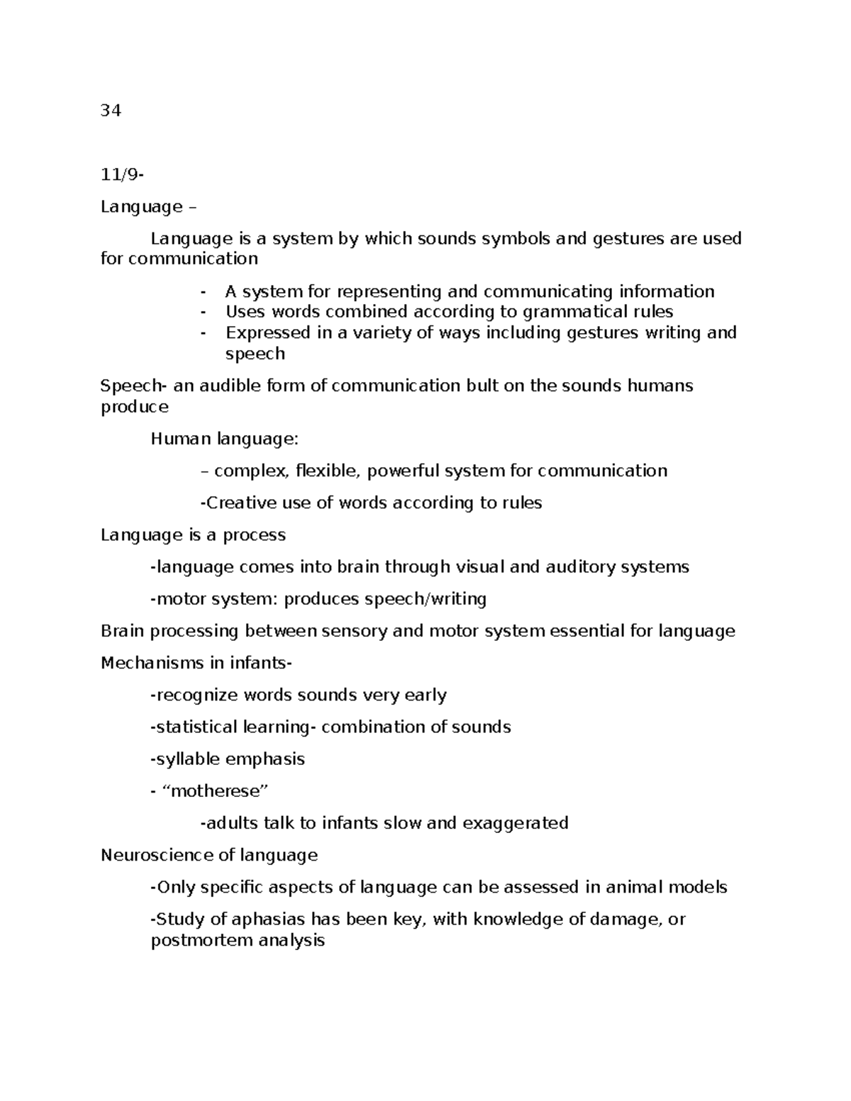 Notes - 34 11/9- Language – Language is a system by which sounds ...