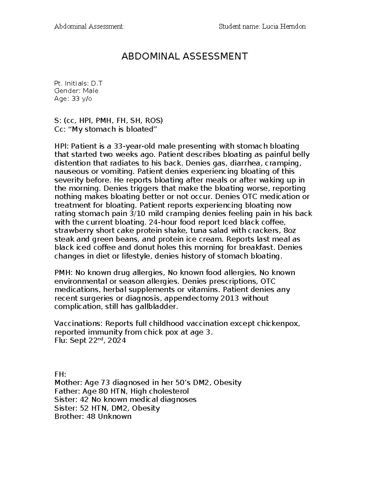 Abdominal Assessment final - Abdominal Assessment: Student name: Lucia ...