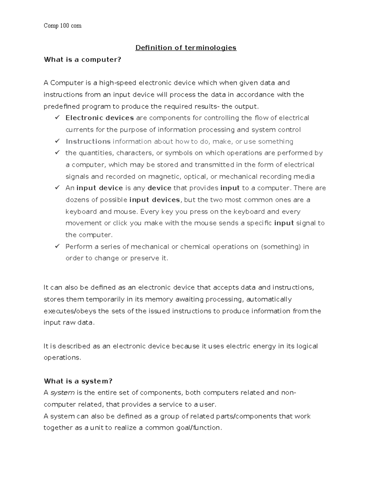 Topic 1 Introduction to Computer Application - Definition of terminologies What is a computer? A ...