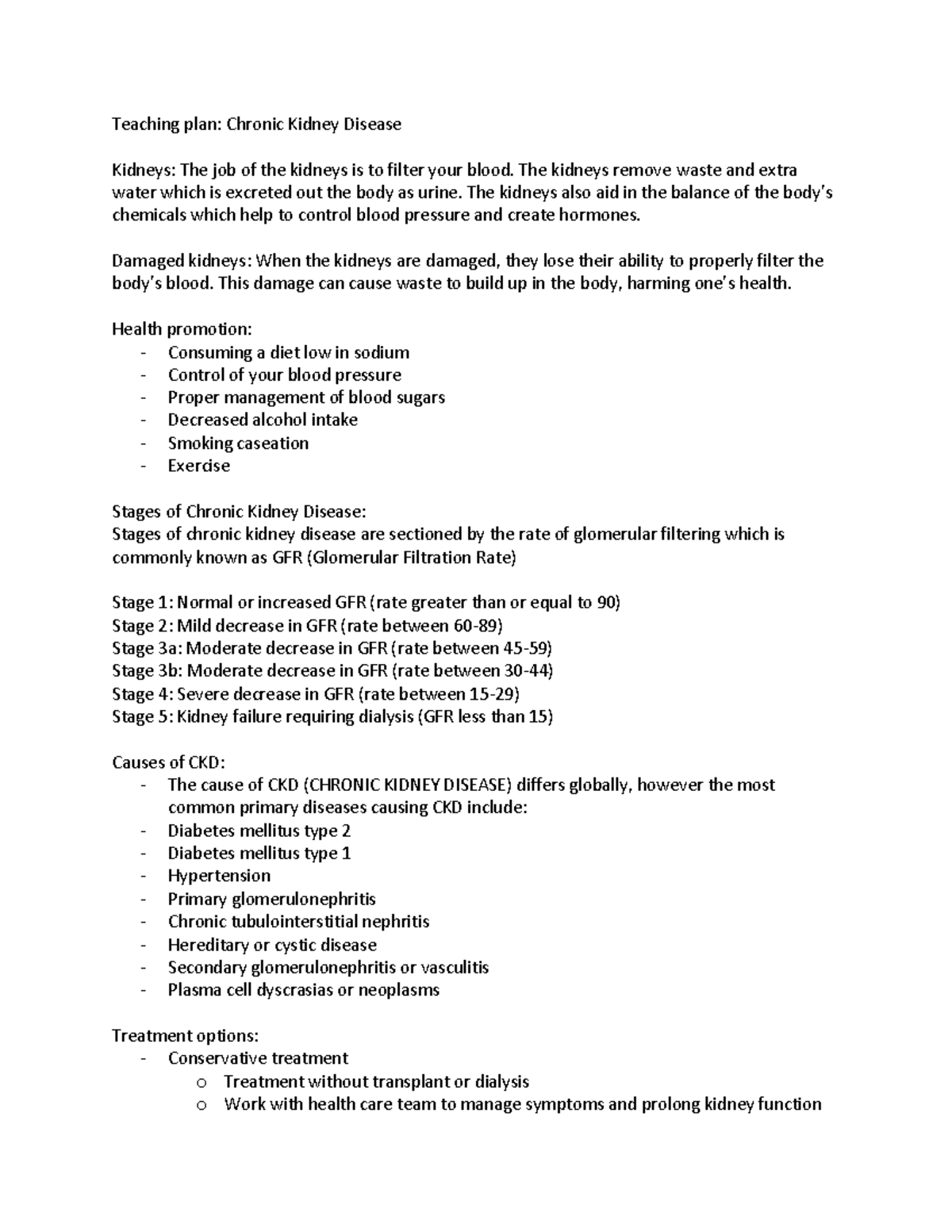 Teaching plan for CKD - Teaching plan: Chronic Kidney Disease Kidneys ...