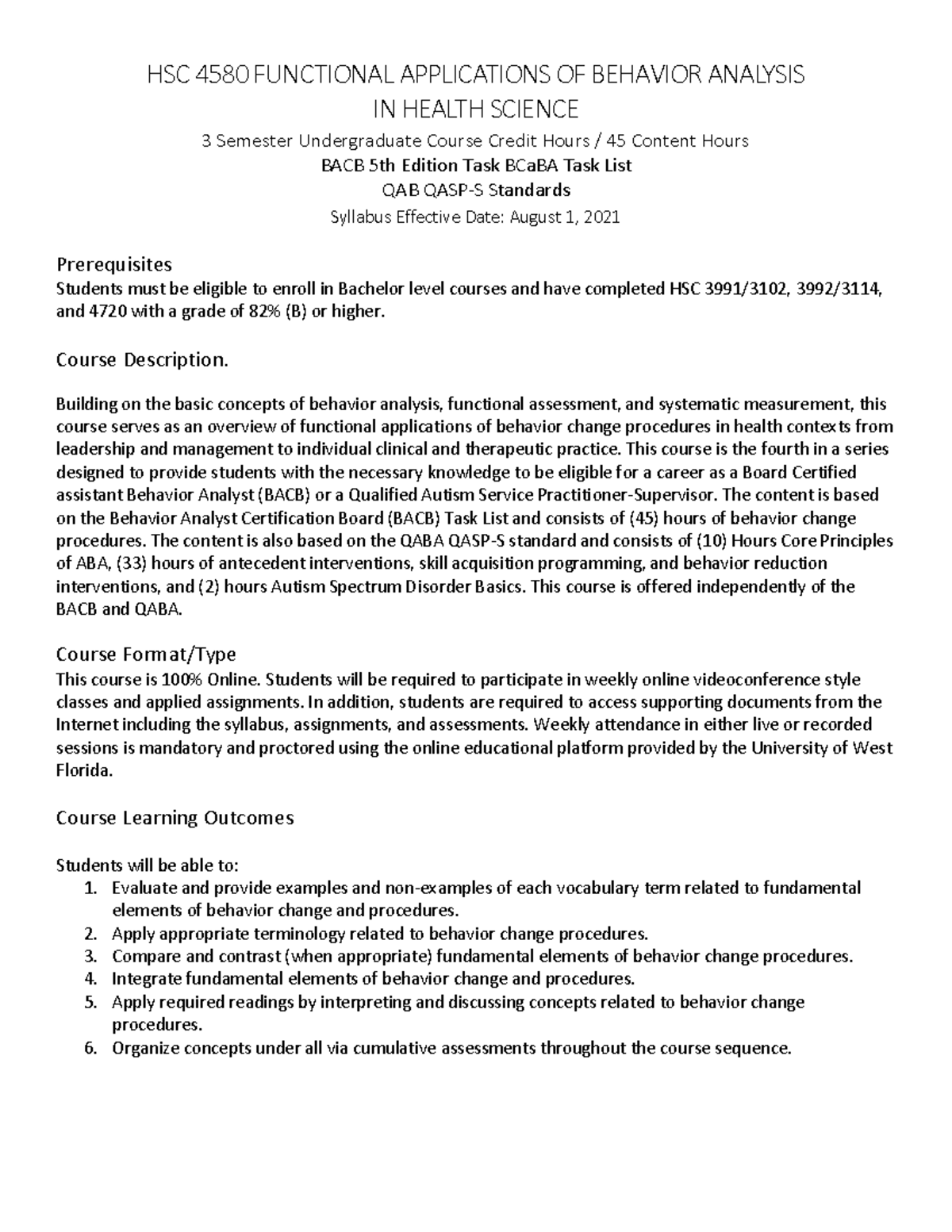 Syllabus 2024 HSC 4580 - HSC 4580 FUNCTIONAL APPLICATIONS OF BEHAVIOR ...