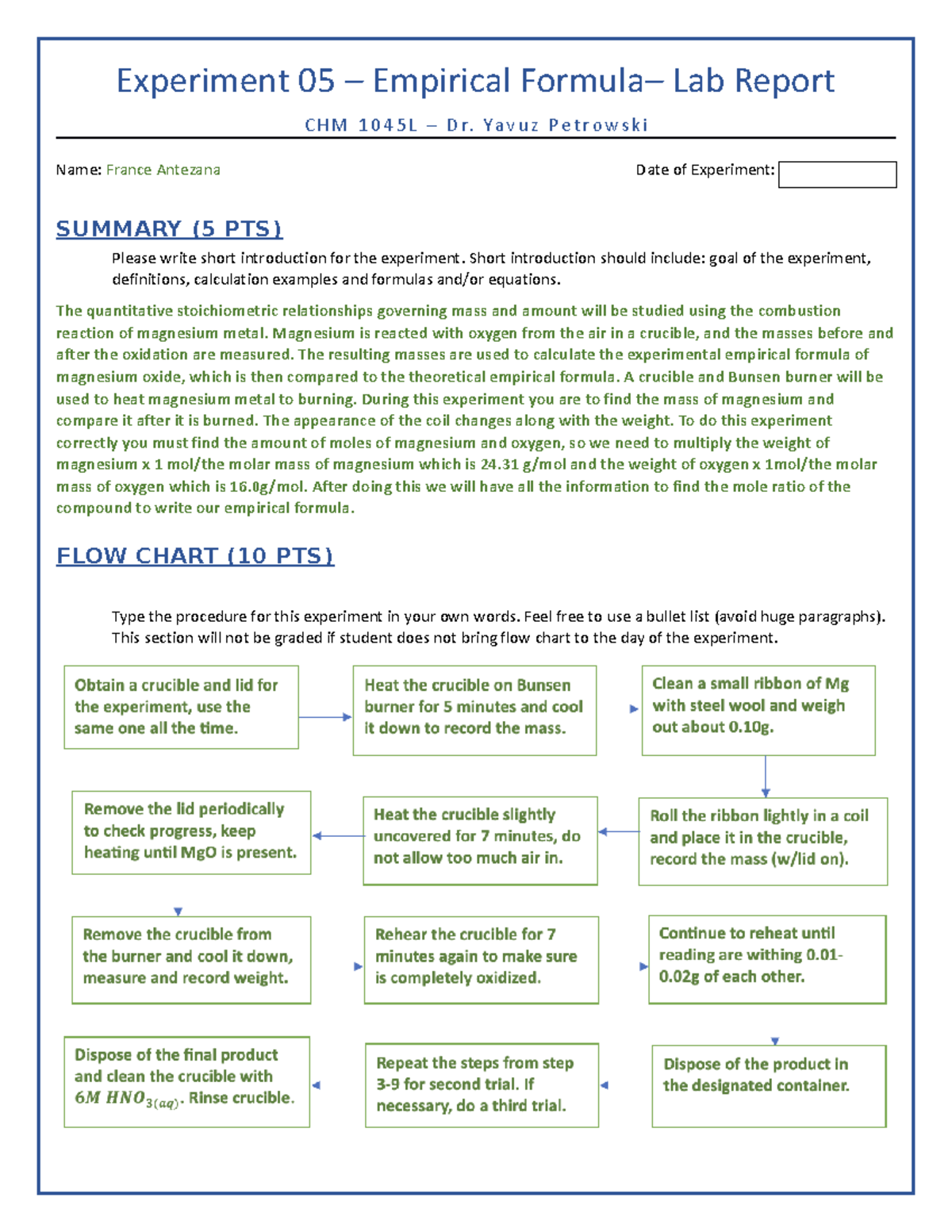 Exp5-Lab Report-Emprical Formula - Experiment 05 – Empirical Formula– Lab Report C H M 1 0 4 5 L ...