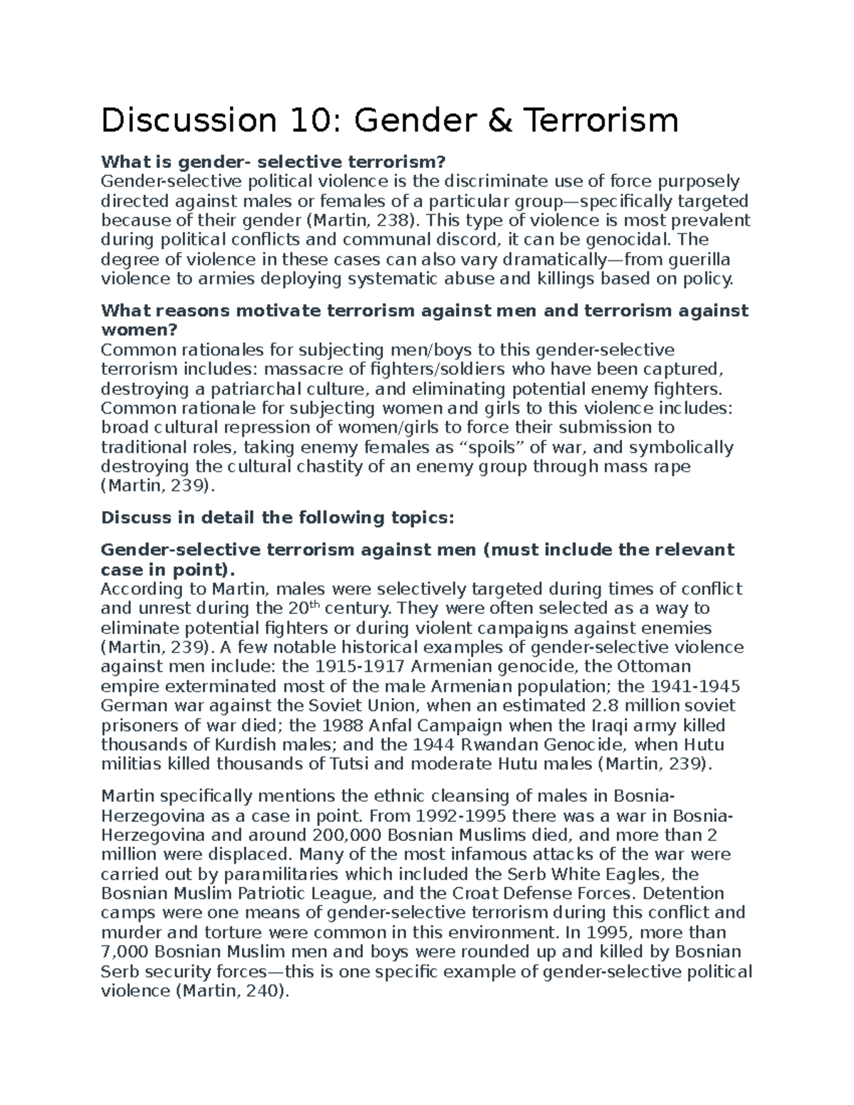 Discussion 10 - Discussion 10: Gender & Terrorism What is gender ...