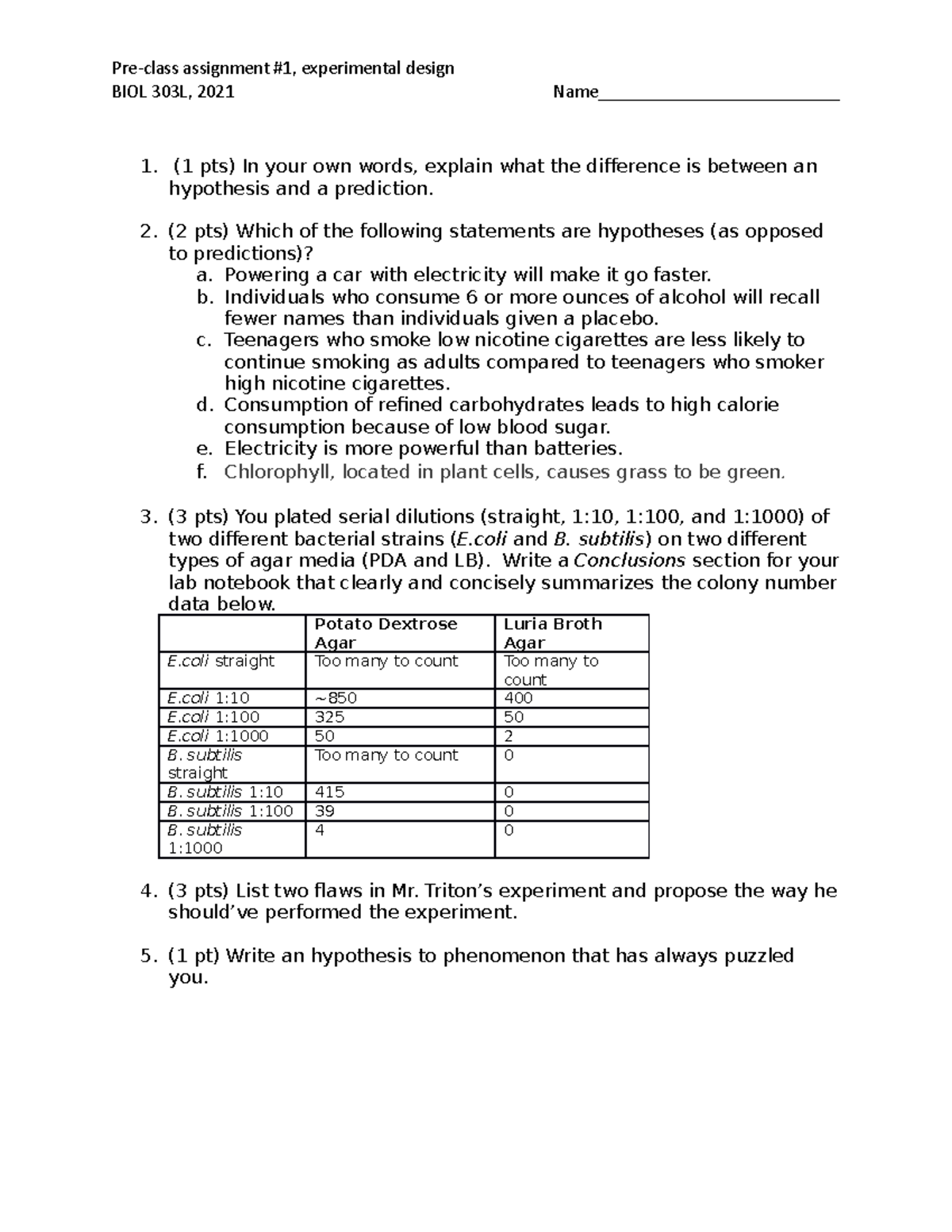Pca #1, 2021 - Pre-class assignment #1, experimental design BIOL 303L ...