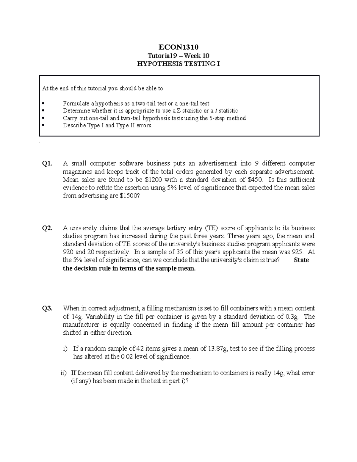 ECON1310 Tutorial 9 - Workings for Sem 1 - ECON Tutorial 9 – Week 10 ...