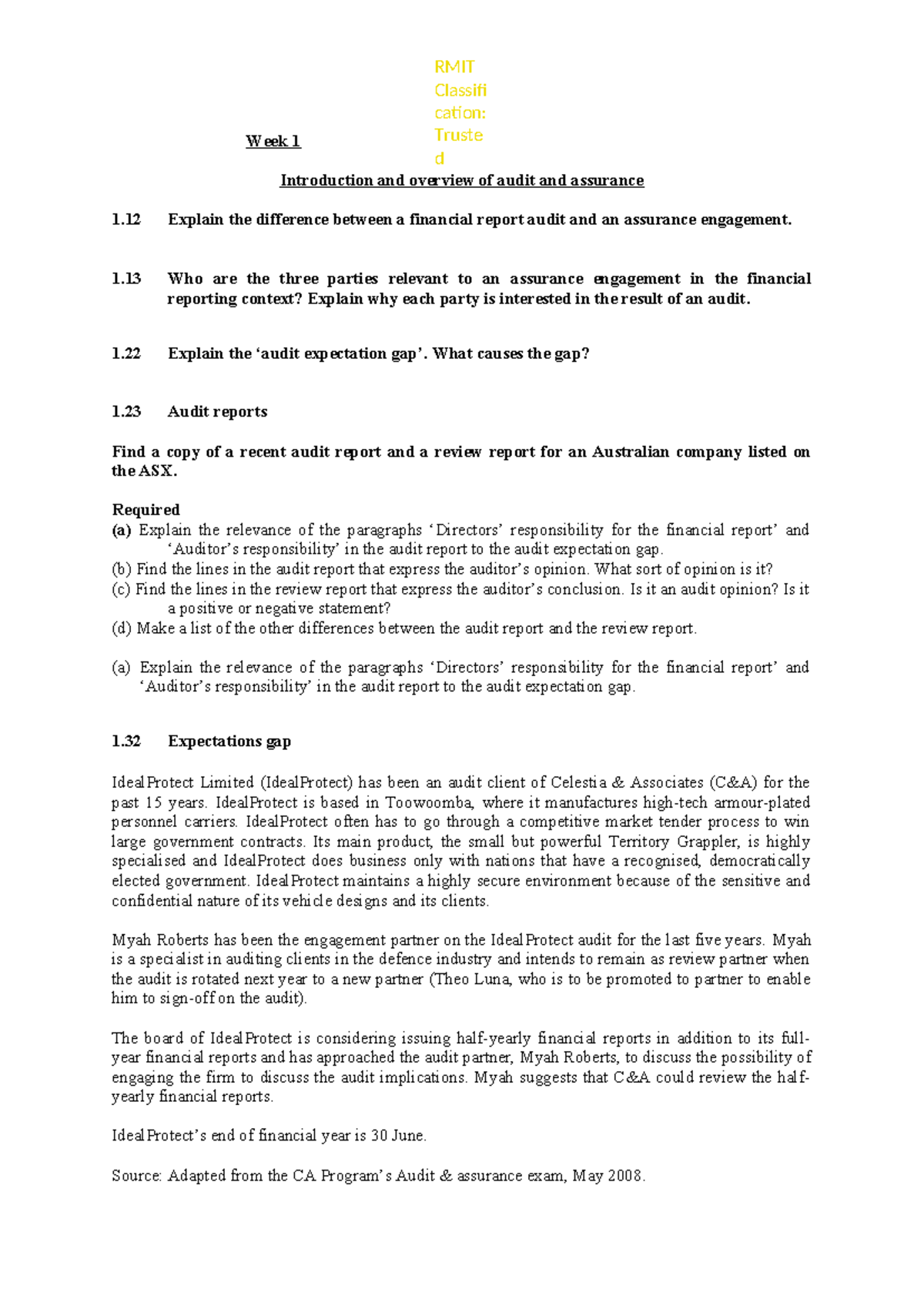 Week 1 Questions Notes Rmit Classifi Cation Truste D Week 1