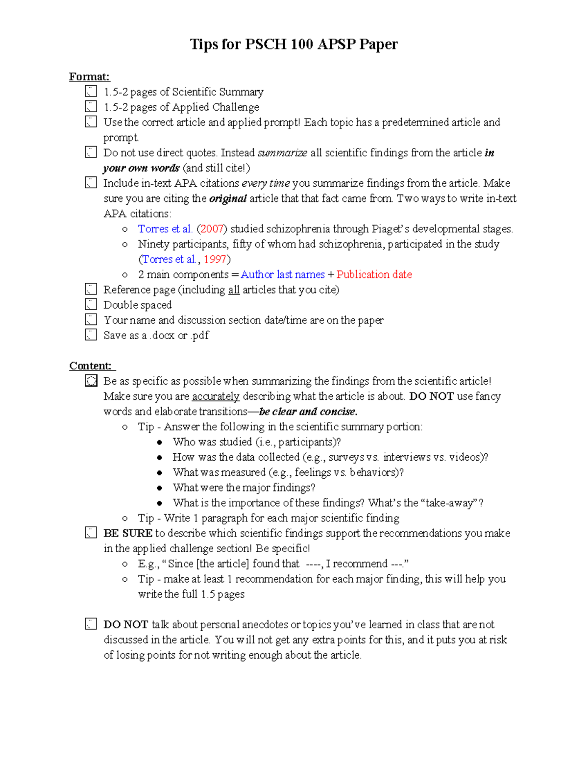 APSP Paper Tips for Students - Tips for PSCH 100 APSP Paper Format: ⃞ 1 ...