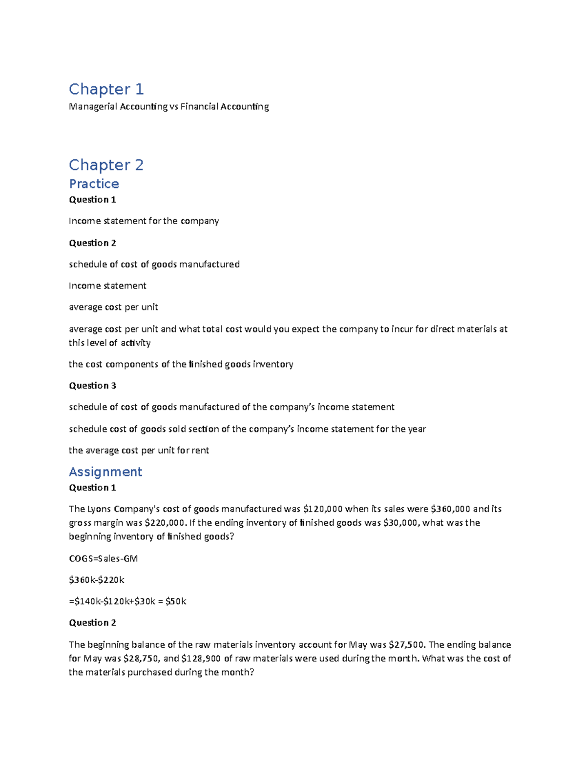 Key Words - Practice Material Midterm CH 1-7 - Chapter 1 Managerial ...