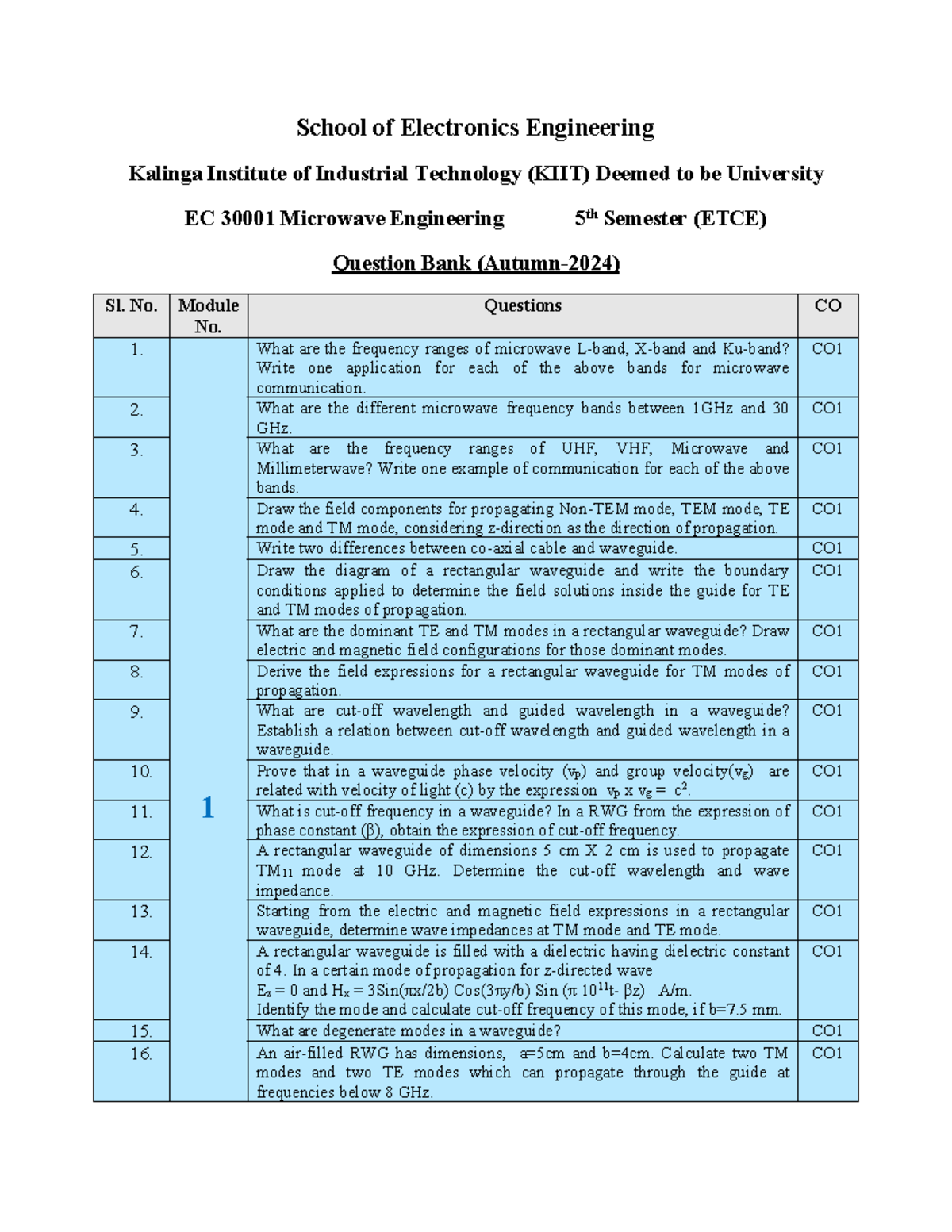 Mwe ques bank - questions from 2 modules - School of Electronics Engineering Kalinga Institute ...