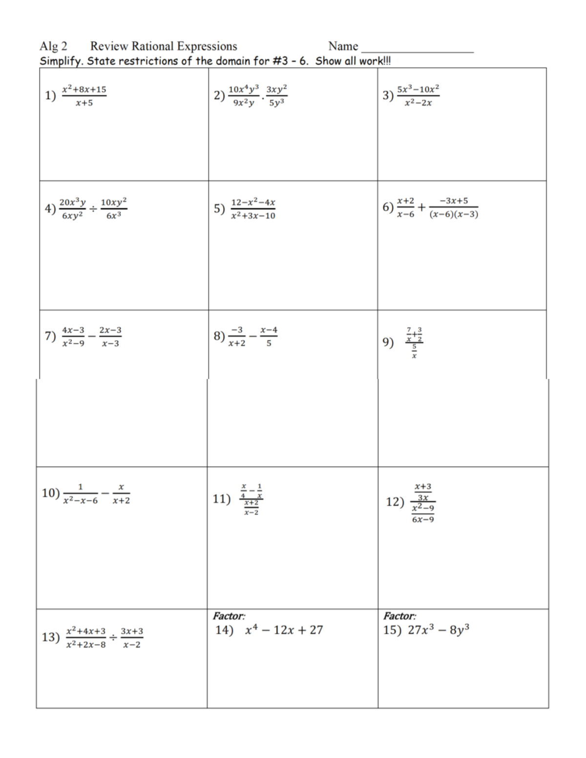 Unit 5 Rational Expressions Quiz Review - MATH 1020 - Alg 2 Review ...