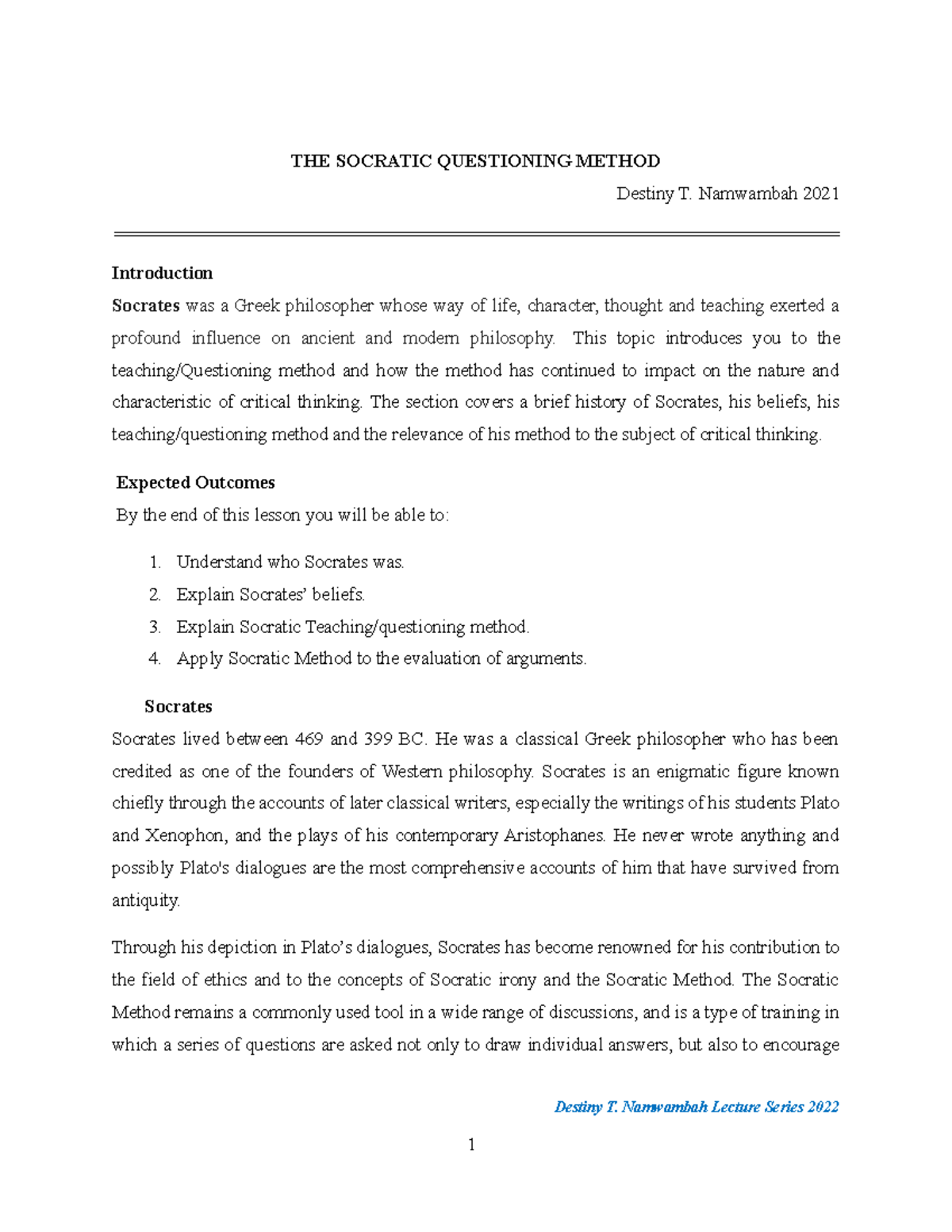 THE Socratic Questioning Method - Namwambah - Critical and Creative ...
