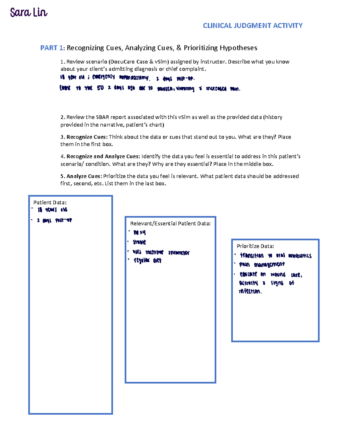 Vsim fundamentals - CLINICAL JUDGMENT ACTIVITY PART 1: Recognizing Cues ...