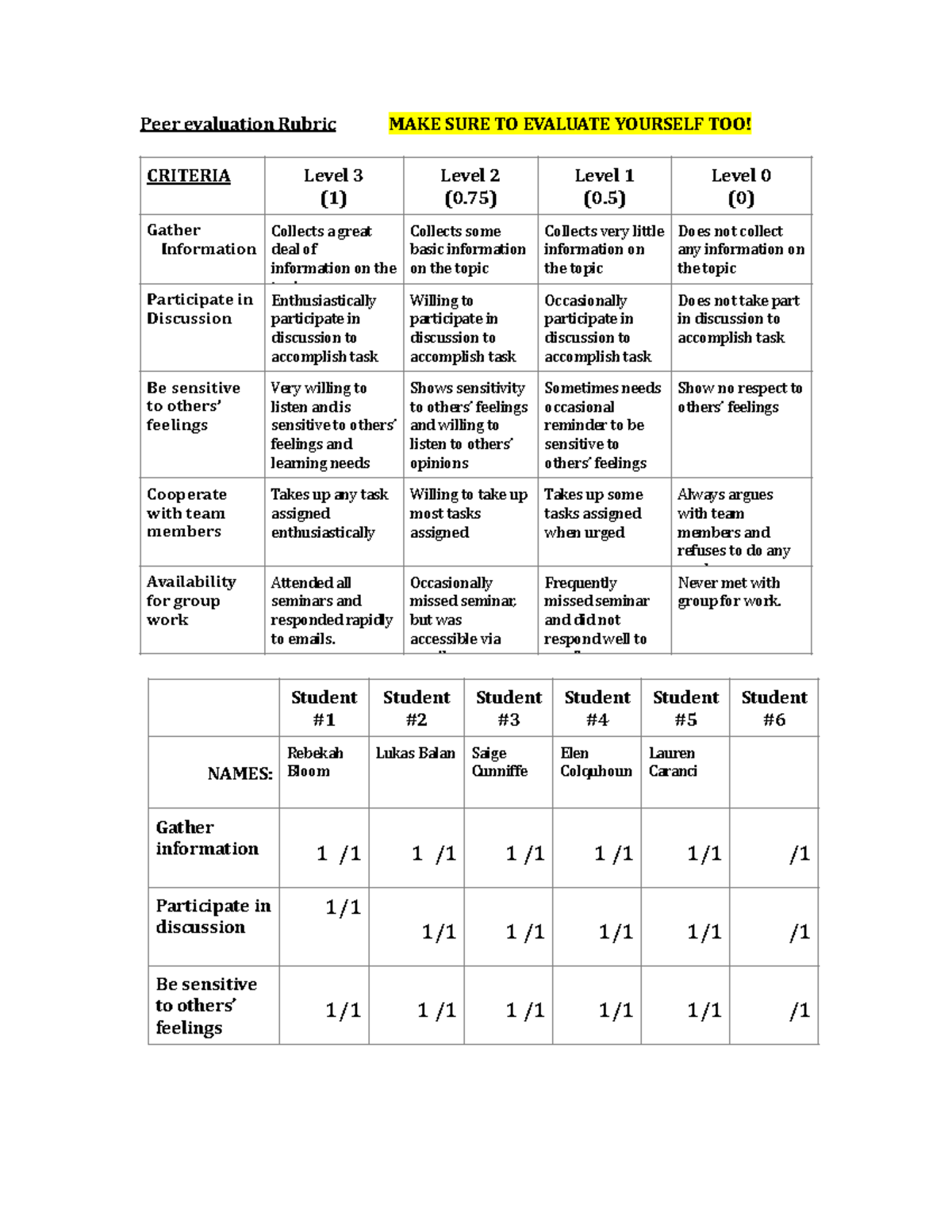 Peer evaluation Rubric - Occasionally missed seminar, but was ...