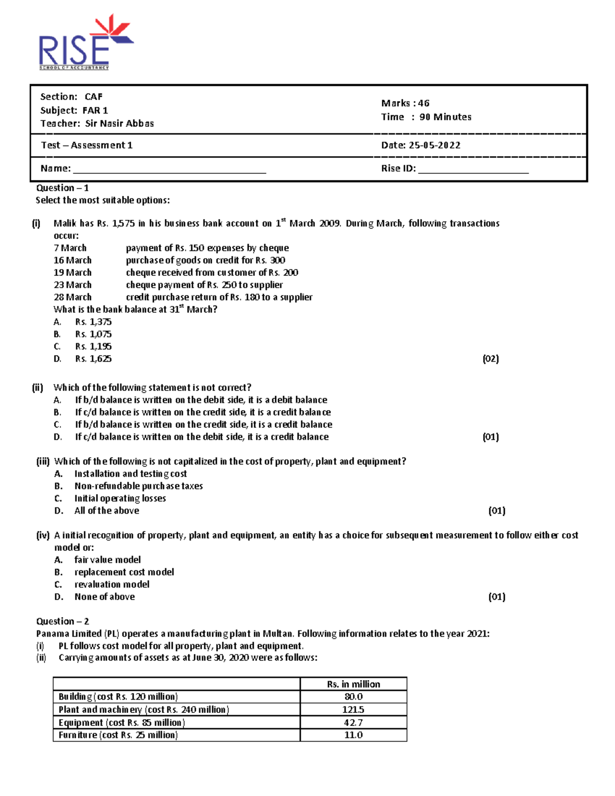 Assessment I - SNA Tests Aut 22 - Certificate in accounts and finance ...