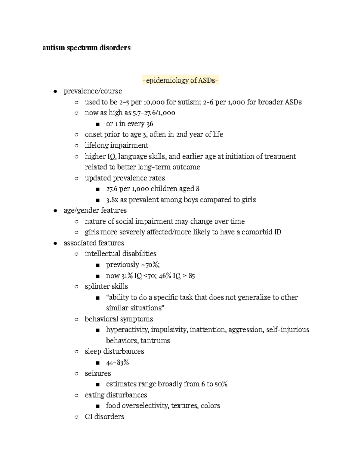 PSY 374 exam 2 notes - autism spectrum disorders -epidemiology of ASDs ...
