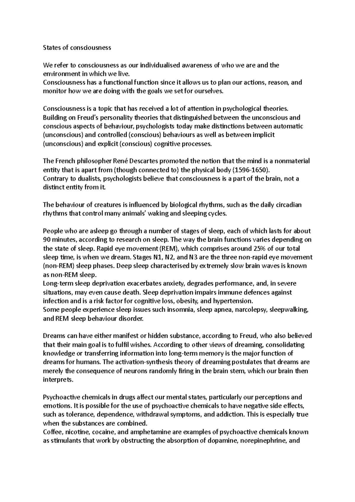 Consciousness 5 x2 - Psychology lecture notes - States of consciousness ...