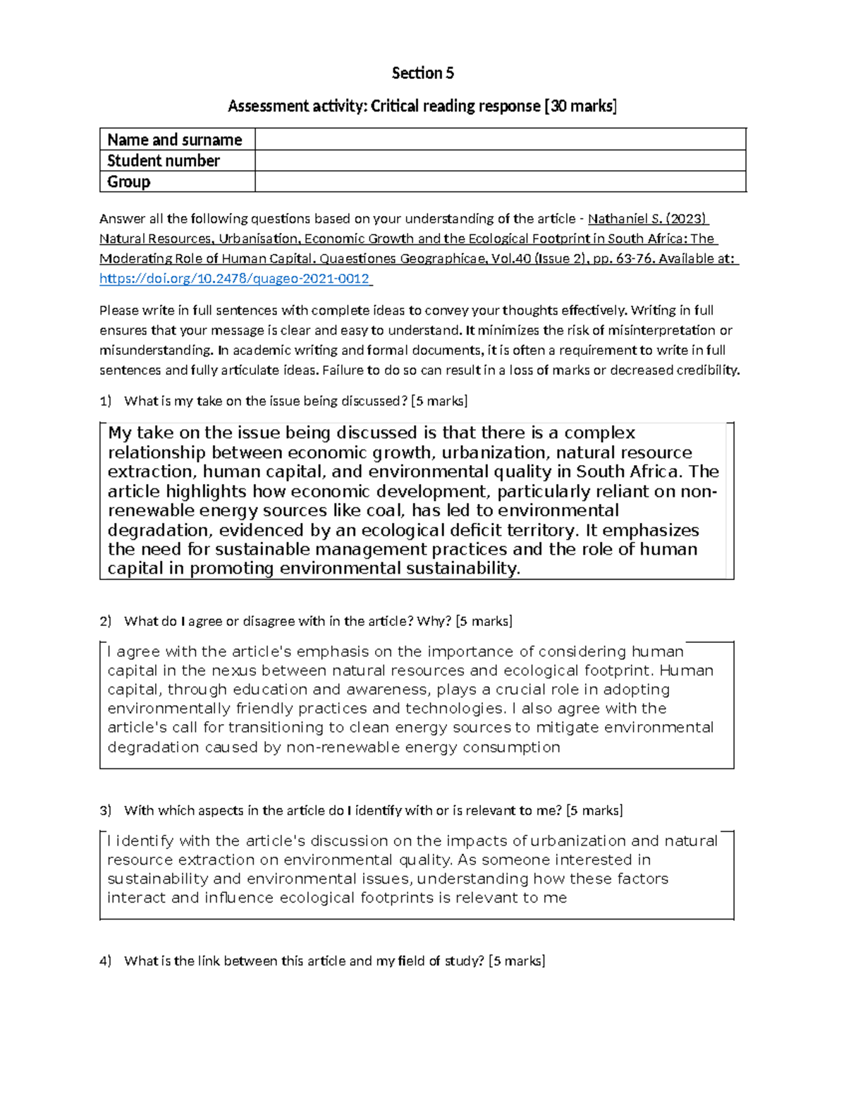 Section 5 Critical reading response 30 marks - Section 5 Assessment ...