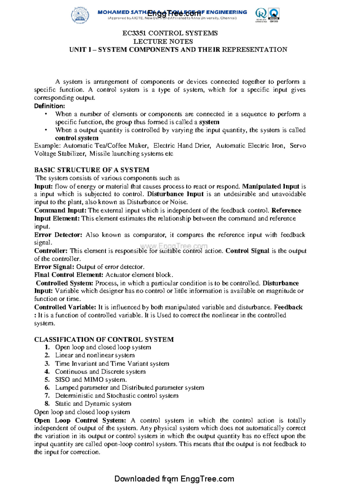 EC3351 Control Systems Lecture Notes 1 - A system is arrangement of ...