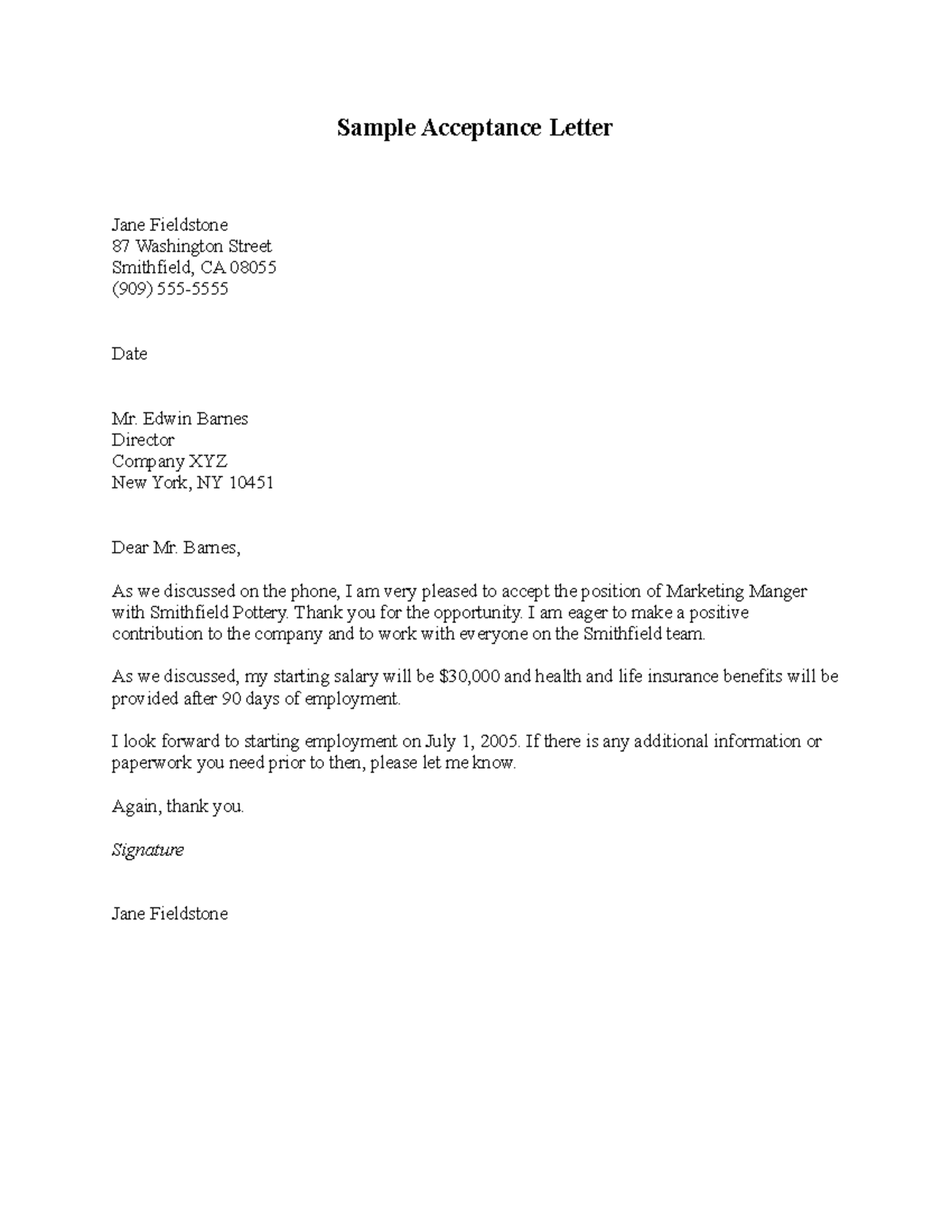 Sample Acceptance Letter - Edwin Barnes Director Company XYZ New York ...