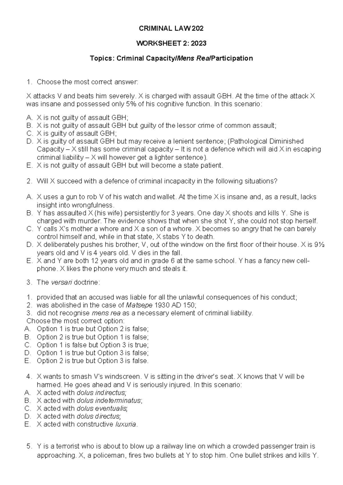 Worksheet 3 Criminal Capacity, Mens Rea, Participation 27 August 2024 ...