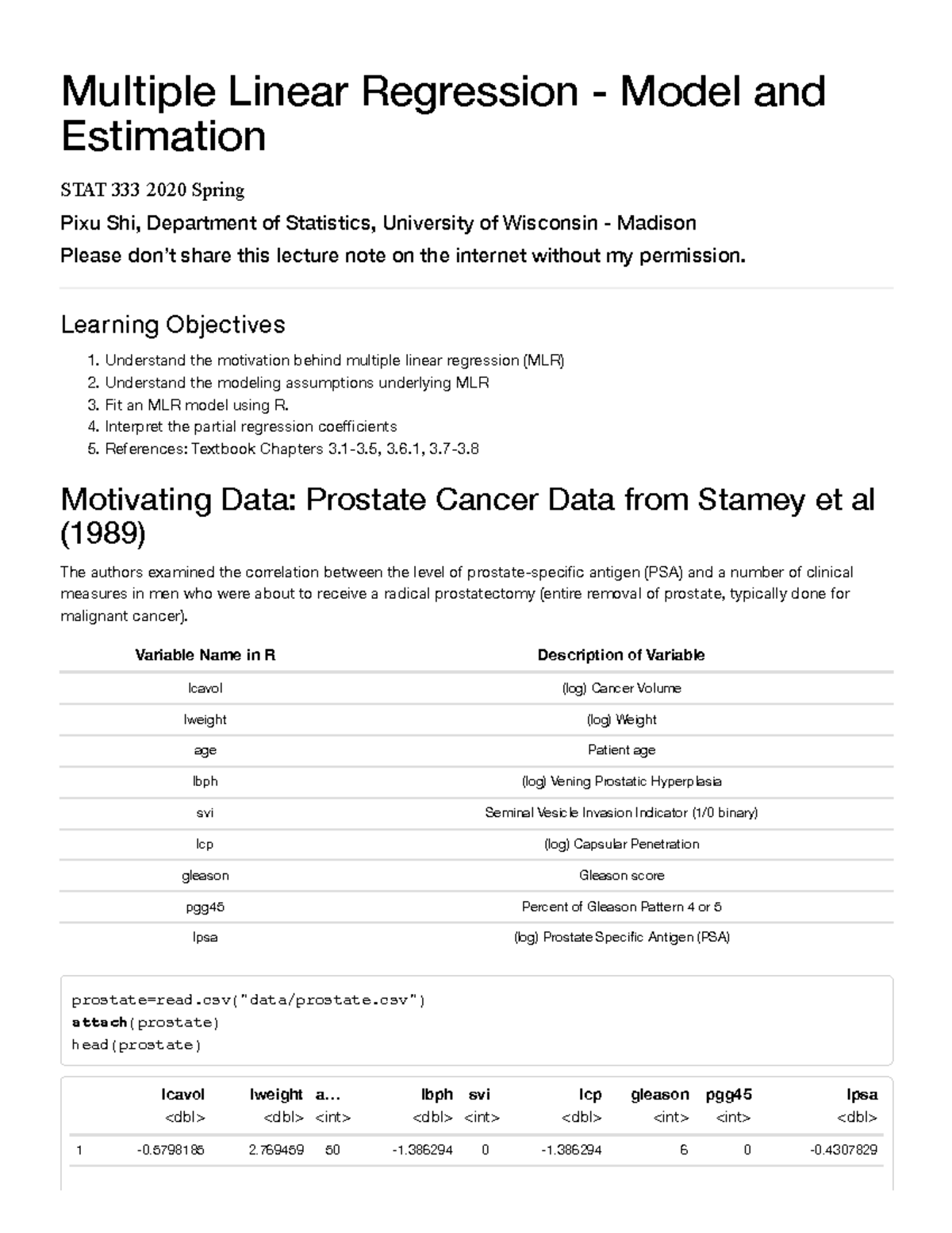 5 MLR Estimation - Lecture notes 5 - Multiple Linear Regression - Model ...