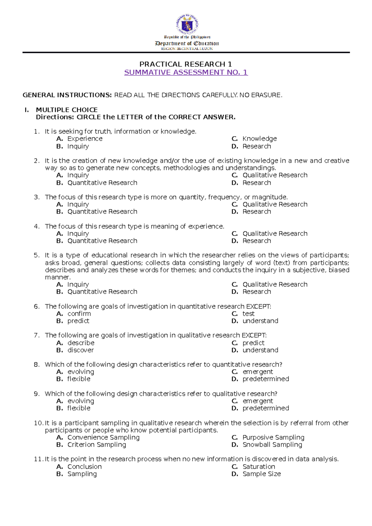 PR 1 QUIZ - Practical Research 1 Quiz - PRACTICAL RESEARCH 1 SUMMATIVE ...