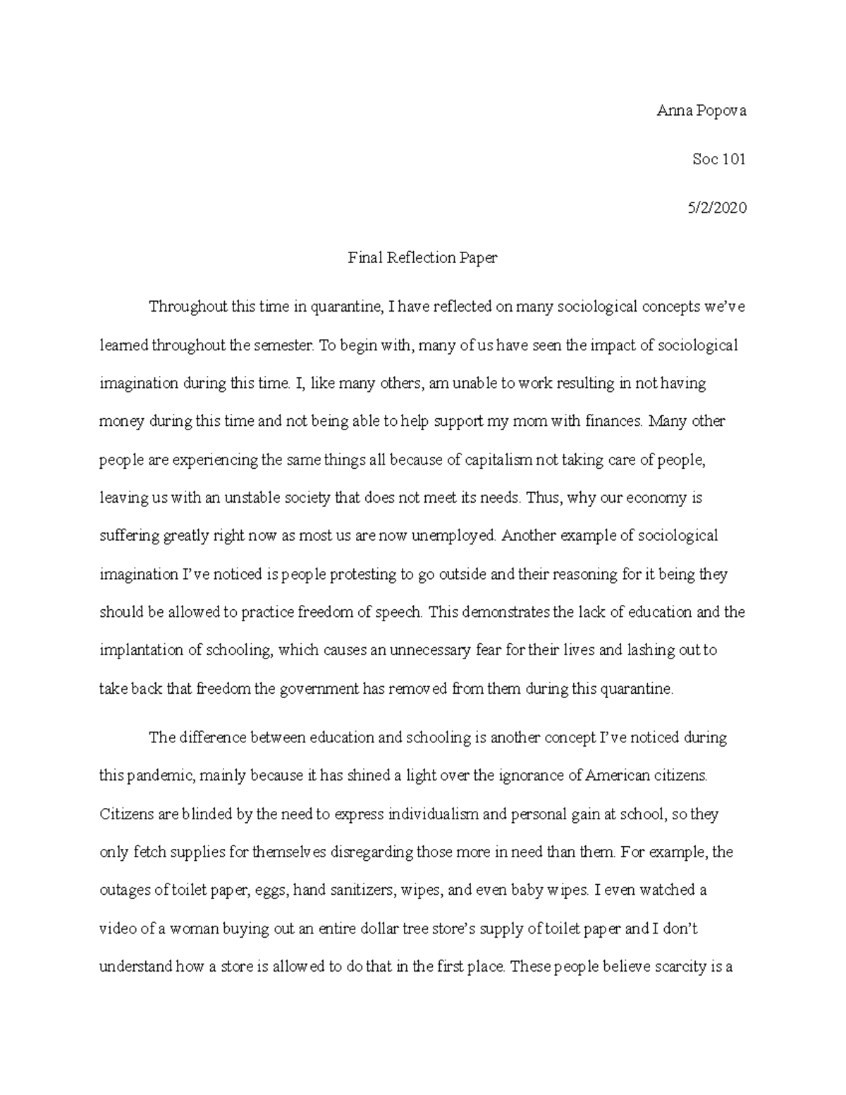 Final Reflection Paper Popova - Anna Popova Soc 101 5/2/ Final ...