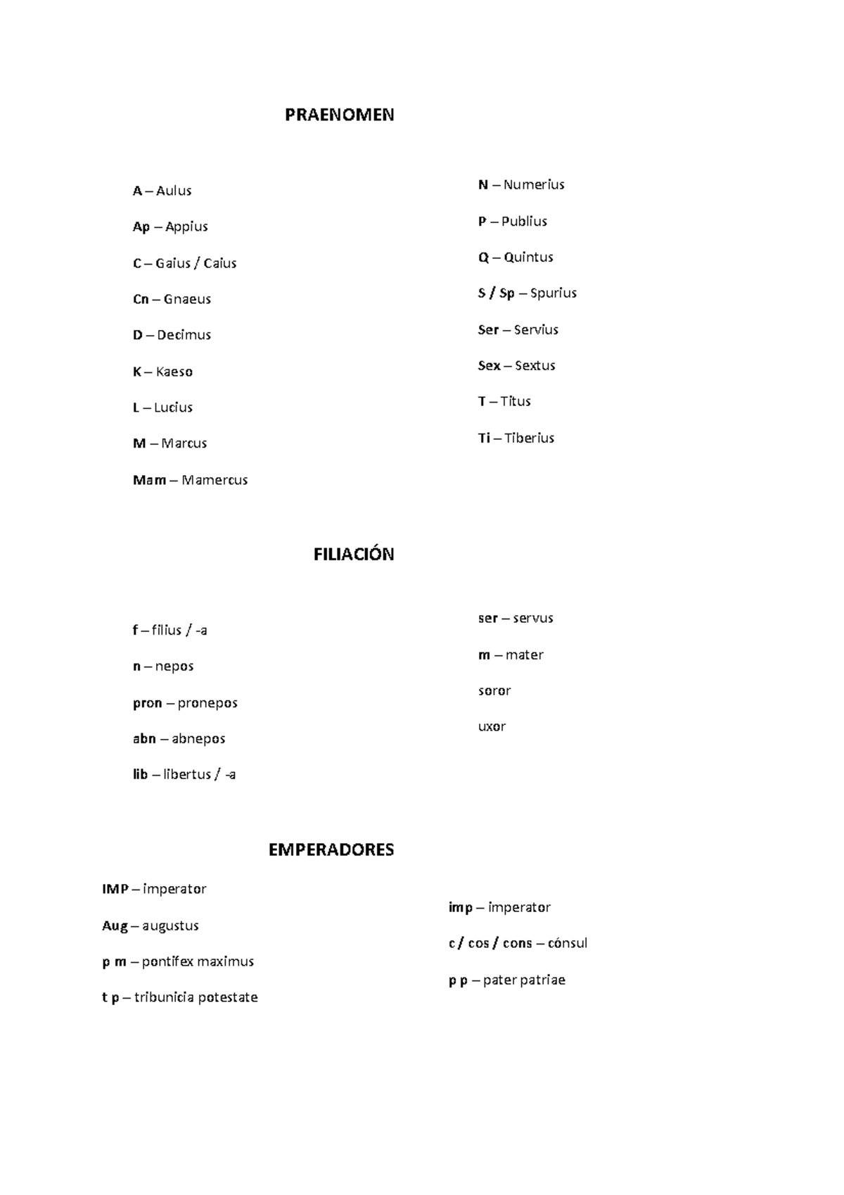 Abreviaturas - PRAENOMEN A – Aulus Ap – Appius C – Gaius / Caius Cn ...