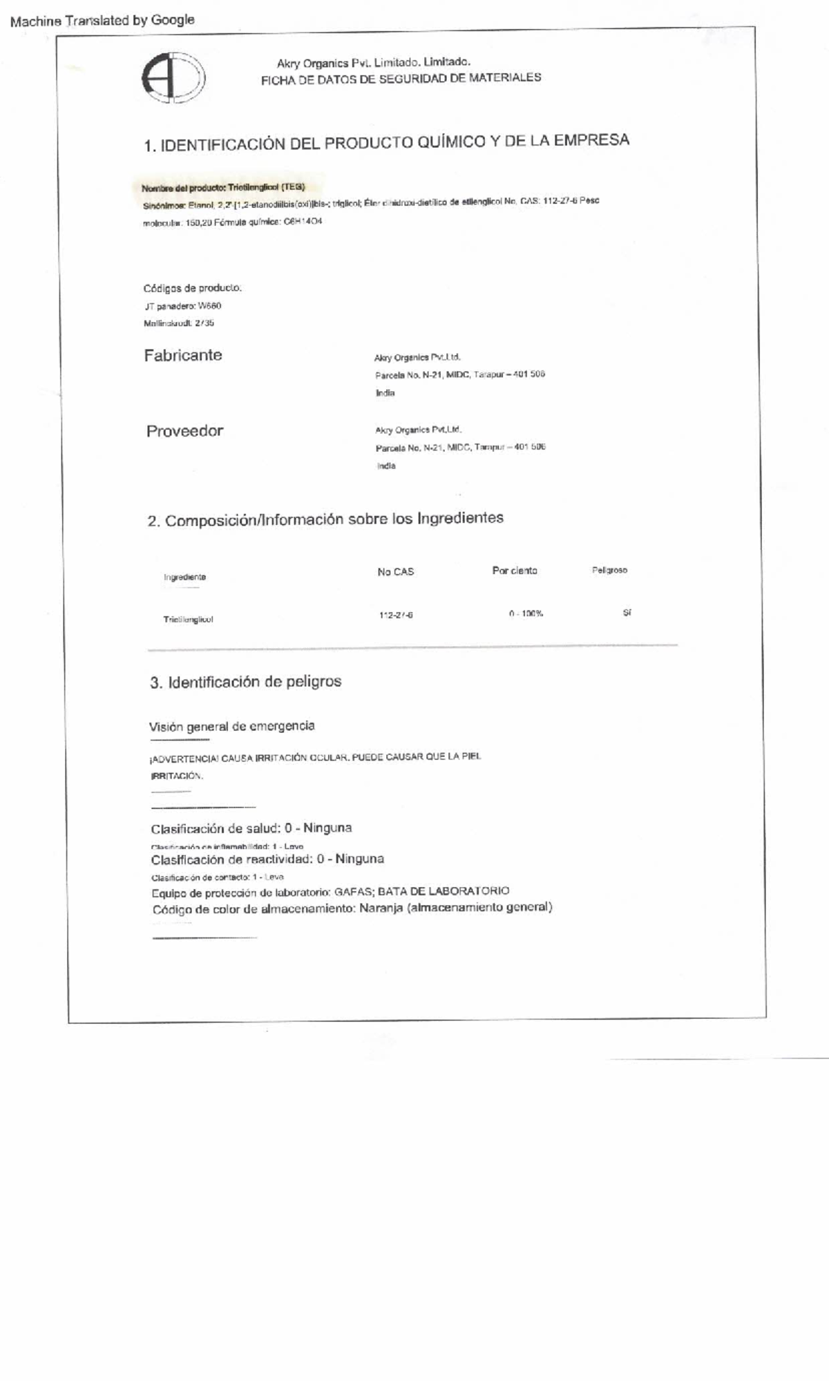 Trietilenglicol (TEG) - Machine Translated Google Akry Organics Pvt ...