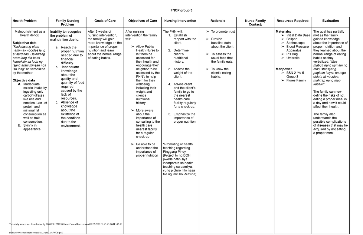 FNCP - DM FNCP - FNCP group 3 Health Problem Family Nursing Problem ...
