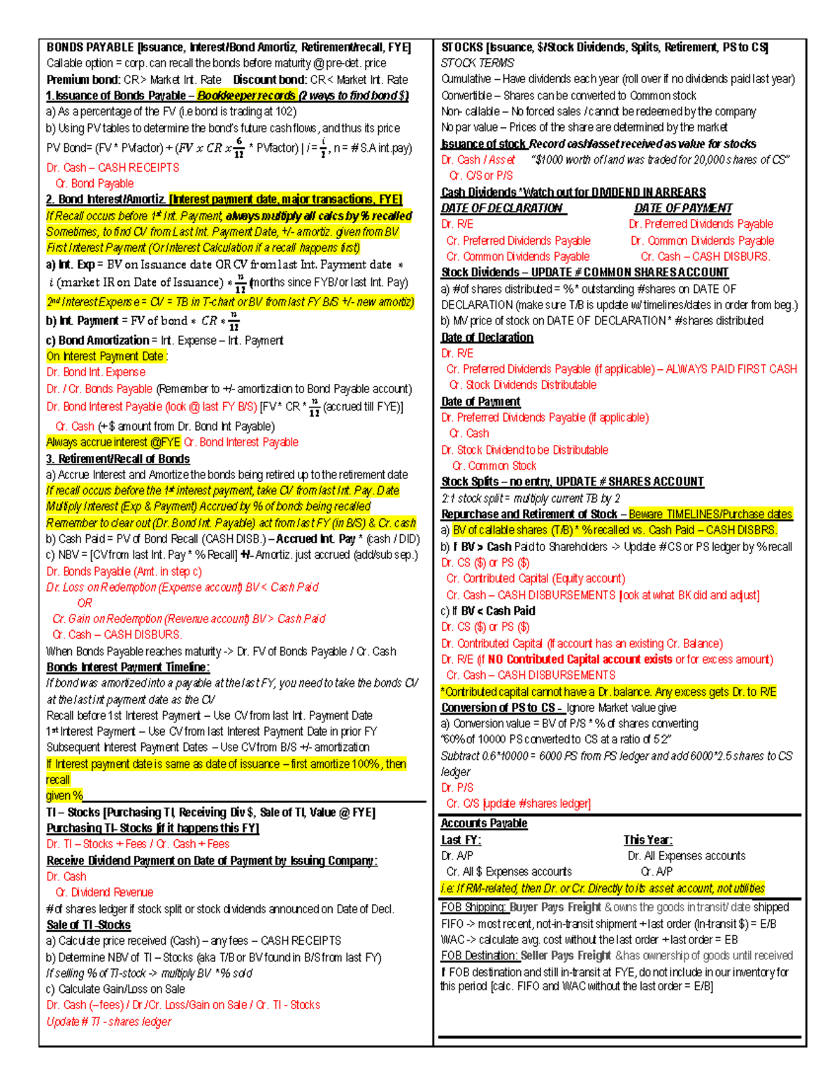 Midterm 2 - 2257 cheat sheet - BONDS PAYABLE [Issuance, Interest/Bond ...