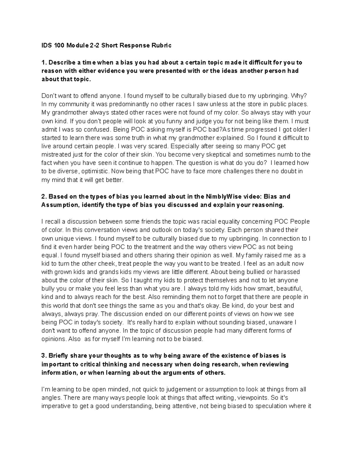 IDS 100 Module 2-2 Short Response Rubric - Describe a time when a bias ...