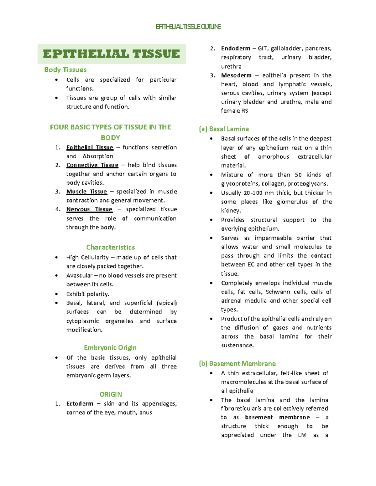 Epithelial Tissue Outline part 1 - EPITHELIAL TISSUE OUTLINE Body ...