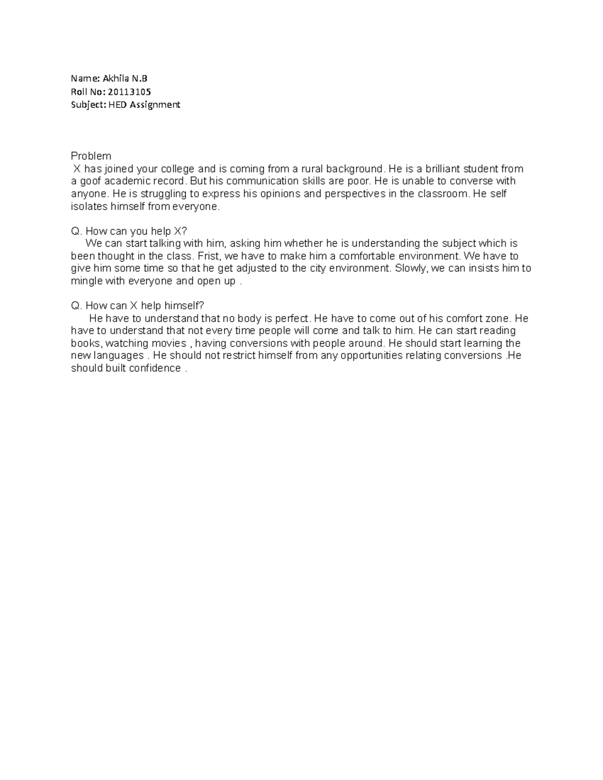 HED Assignment - gfhn fh - Name: Akhila N Roll No: 20113105 Subject ...