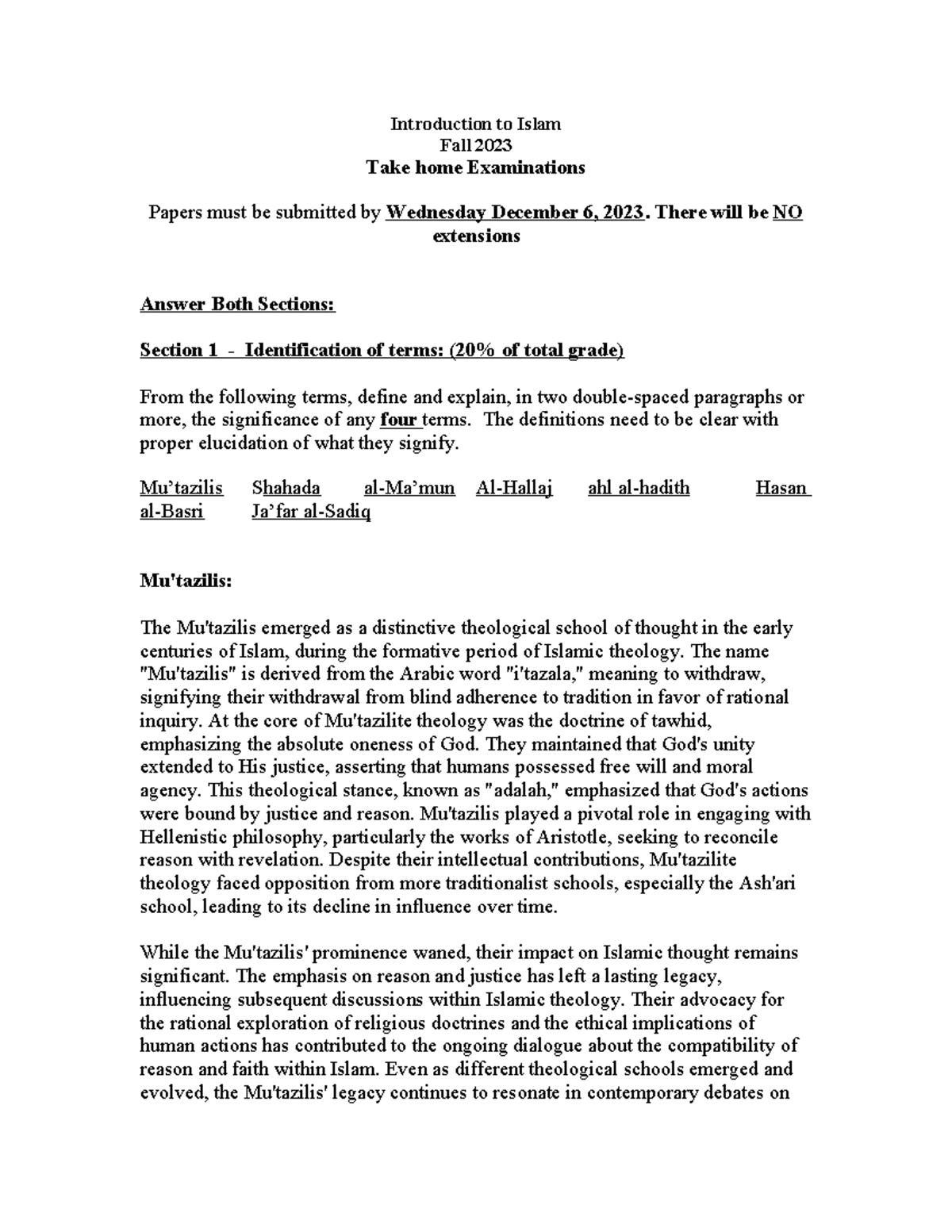 final exam islam 2023 - Introduction to Islam Fall 2023 Take home ...