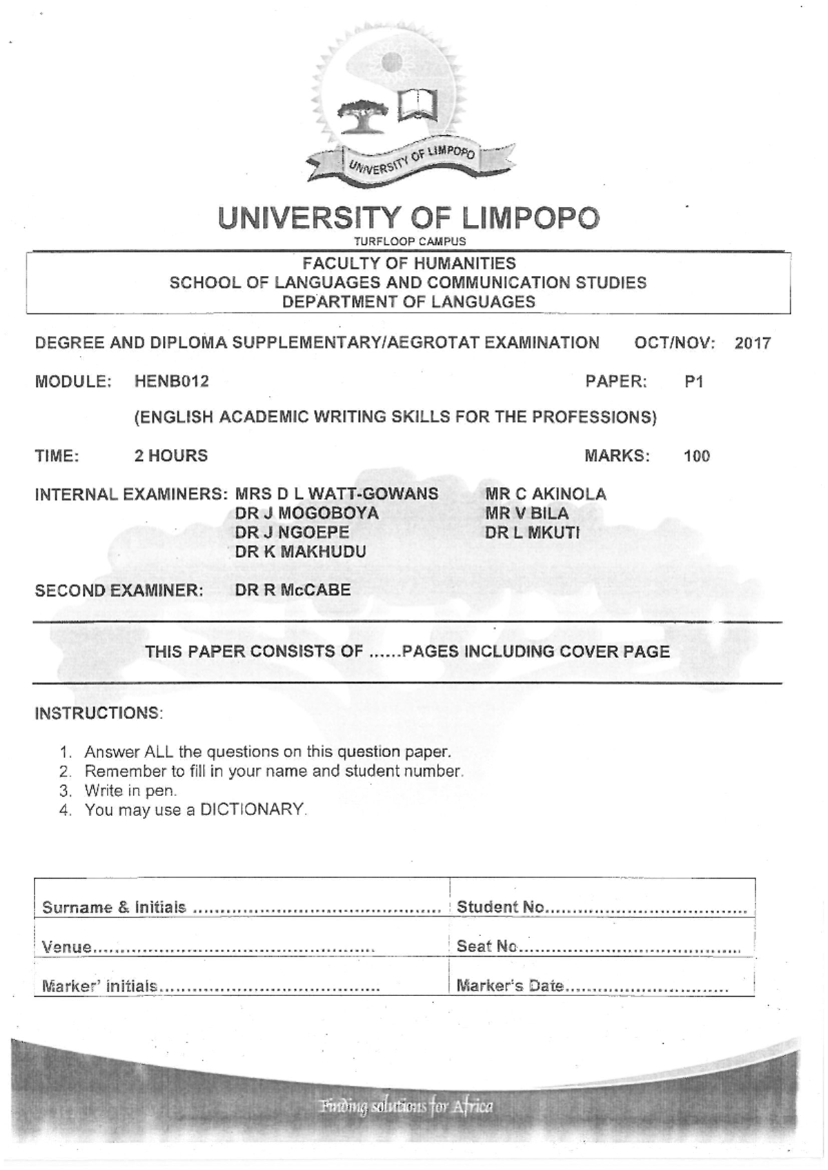 HENB012 Oct Nov 2017 - I UNNERSITY OF LIMPOPO UNIVERSITY OF LIMPOPO ...