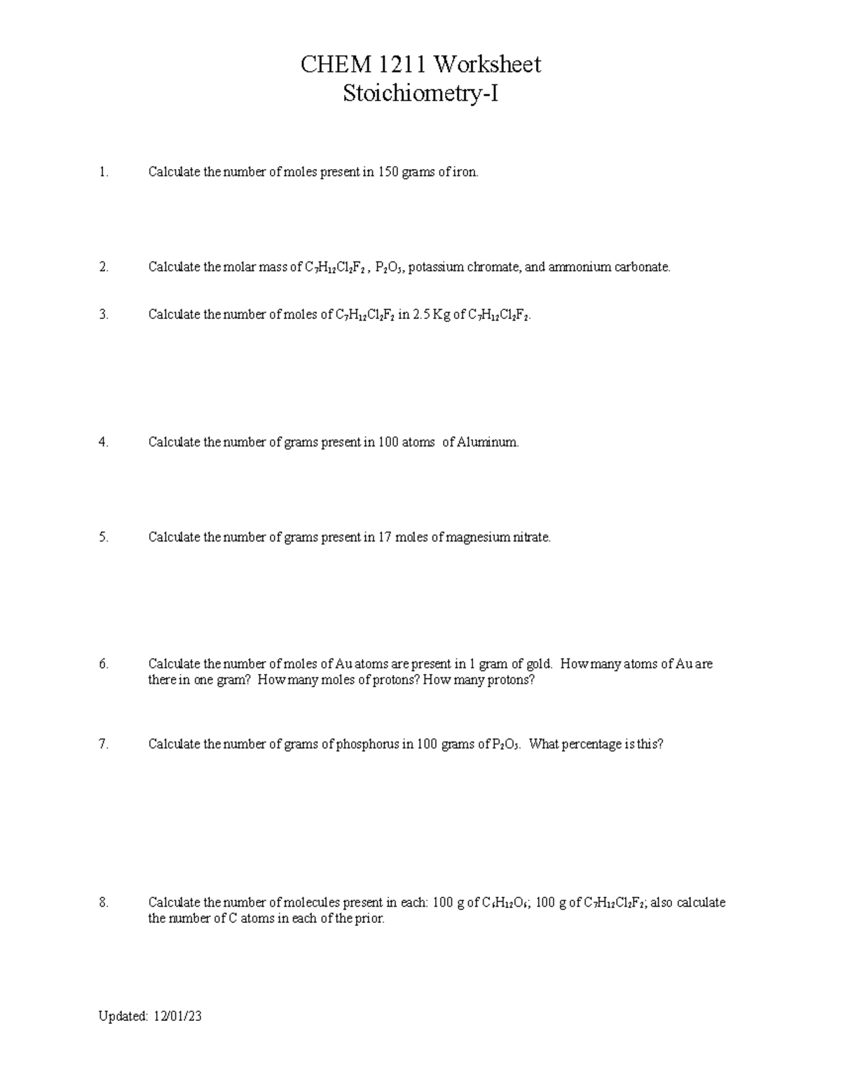Stoichiometry Worksheet 1 - CHEM 1211 Worksheet Stoichiometry-I ...