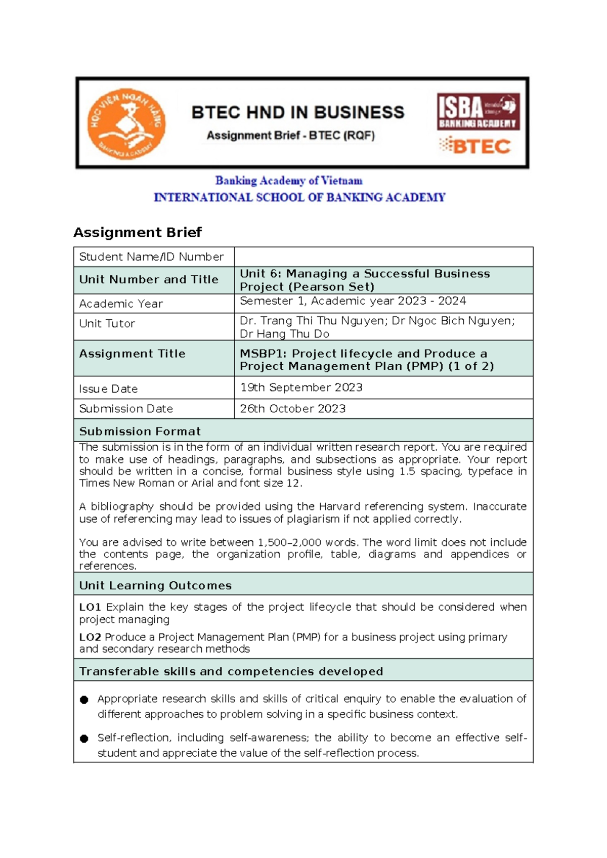 MSBP-A1 - Assignment Brief Student Name/ID Number Unit Number and Title Unit 6: Managing a - Studocu