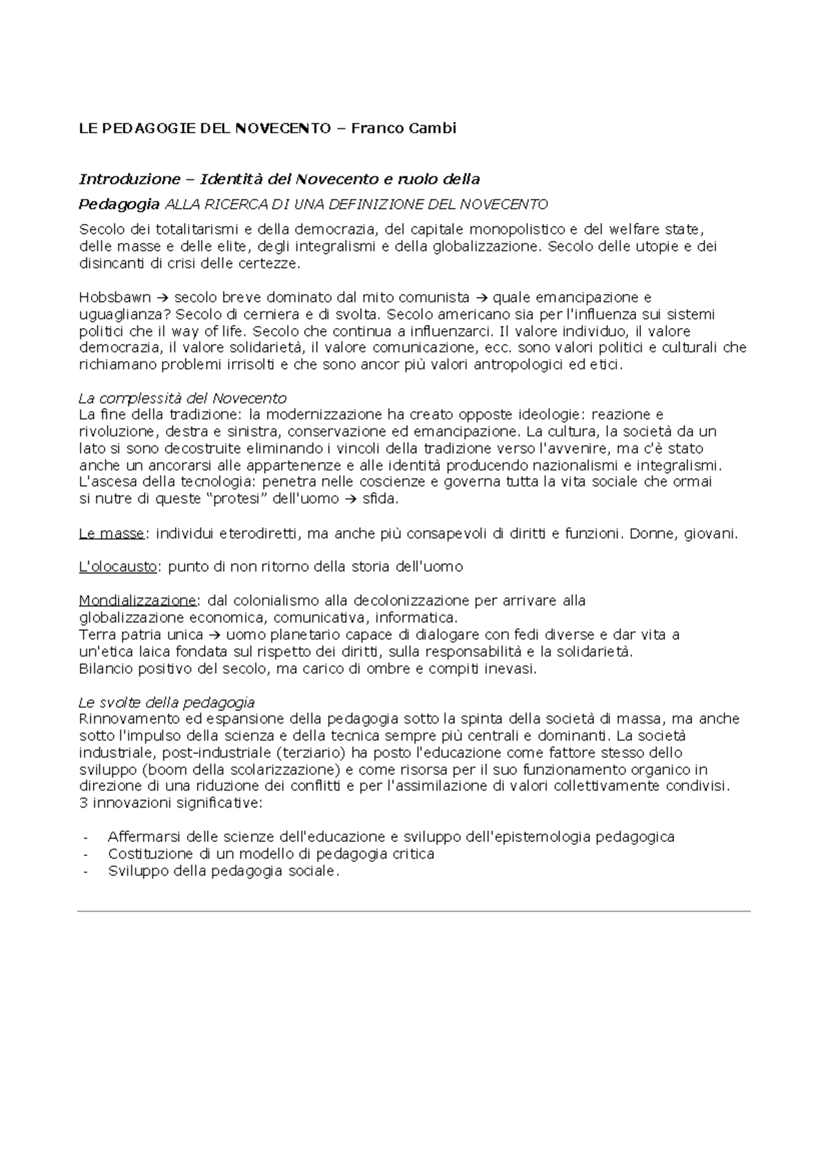 Riassunto Pedagogia Del 900 Le Pedagogie Del Novecento Franco Cambi