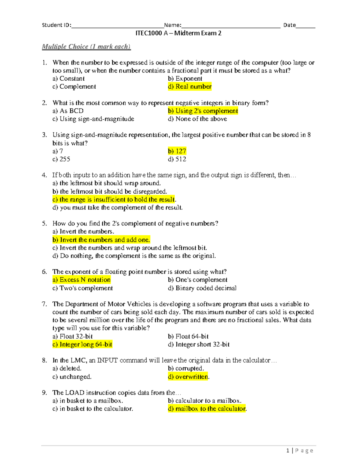 ITEC1000 A - Midterm exam 2 - answer key - ITEC1000 A – Midterm Exam 2 Multiple Choice (1 mark ...