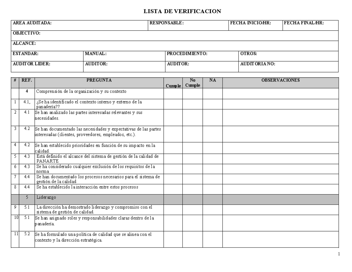 check list ISO 9001 2015 - LISTA DE VERIFICACION AREA AUDITADA ...