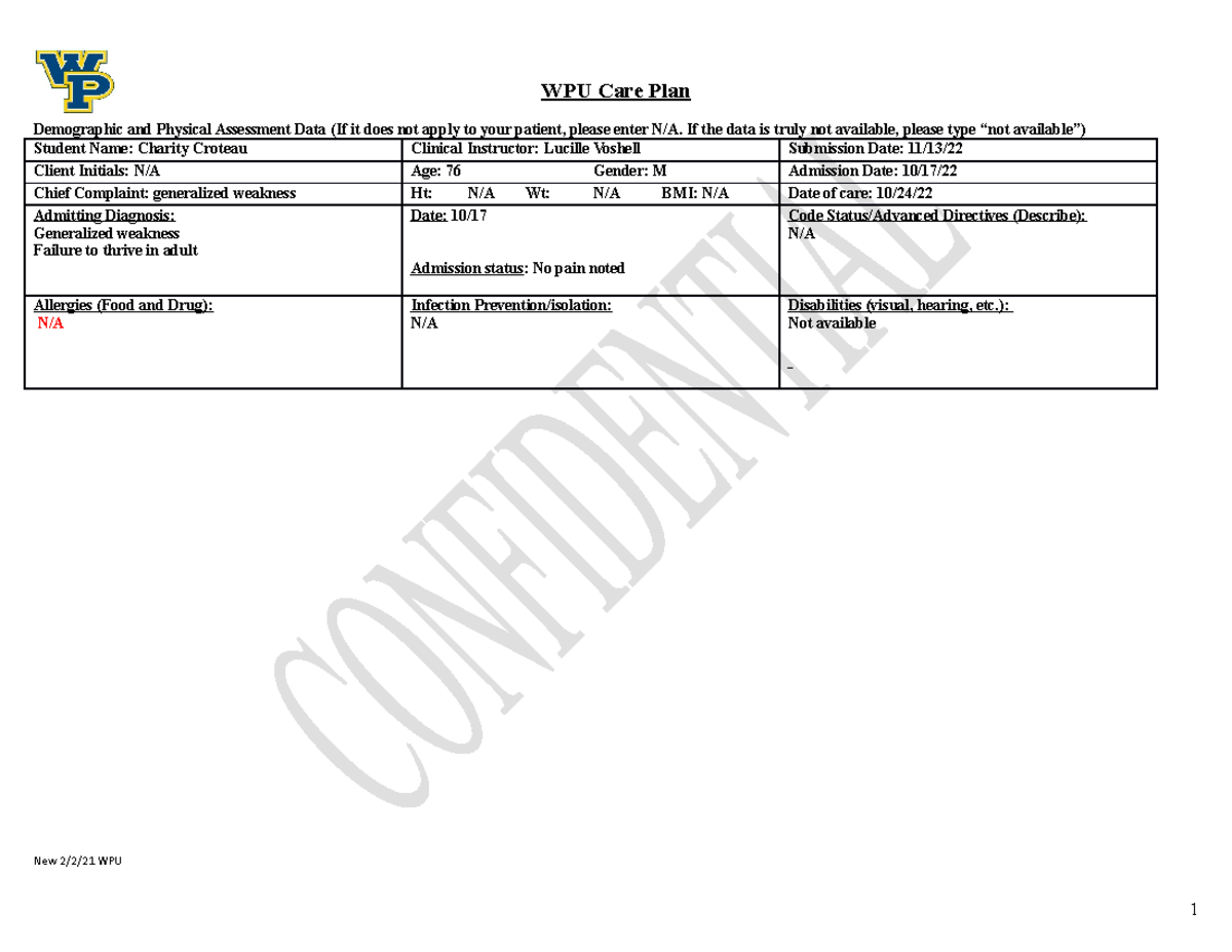 Clinical Care Plan - CC - Care Plan - WPU Care Plan Demographic and ...