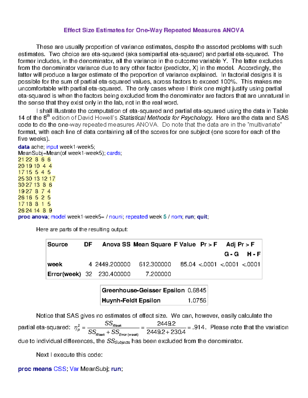 Effect Size Estimates For One Way Repeated Measures Anova Effect Size