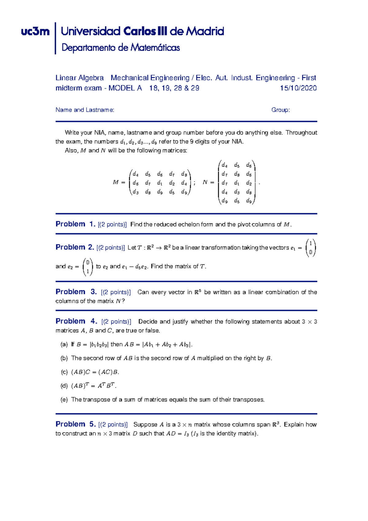 Examen algebra lineal - Linear Algebra Mechanical Engineering / Elec ...