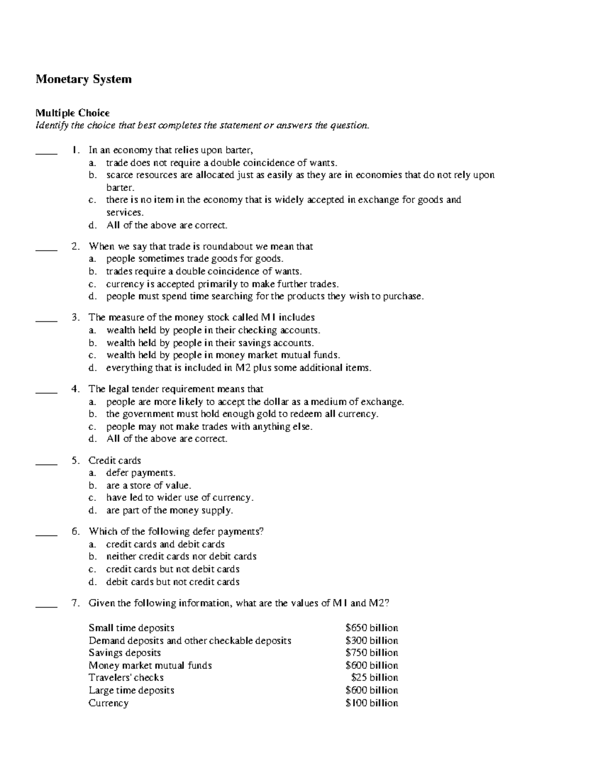 Macro Monetary System - Monetary System Multiple Choice Identify the ...