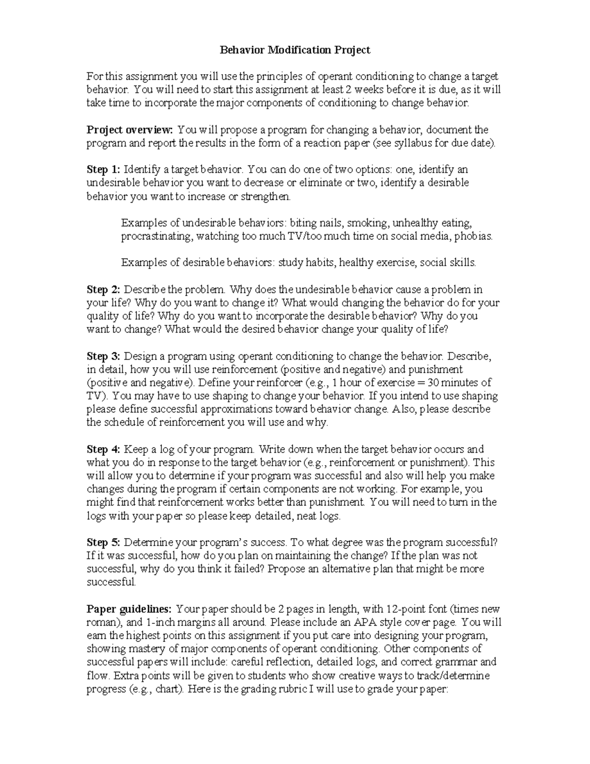 Behavior Change Project - Behavior Modification Project For this ...