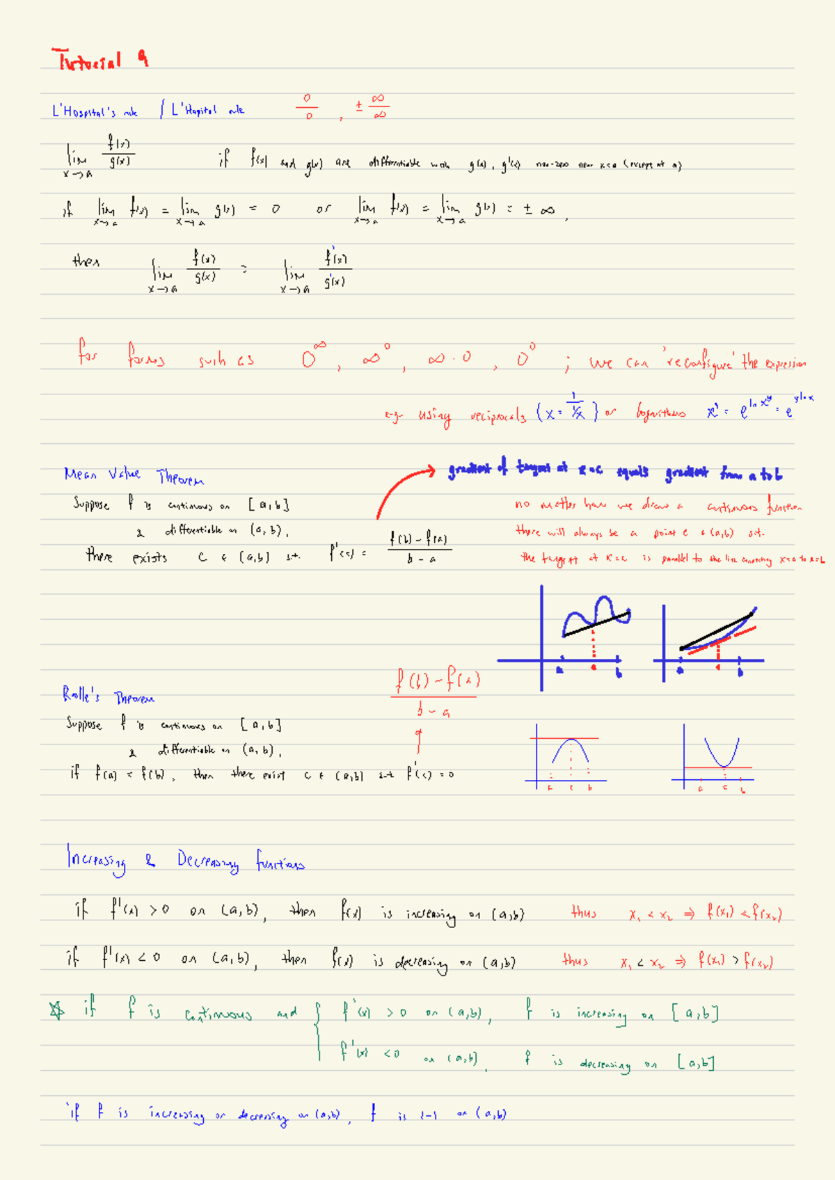 Math 1 Tutorial 9 - yes - Tutorial 9 O L L'Hospital's rule / L'Hopital rule ⑧ & I L f(x) lim g(x ...