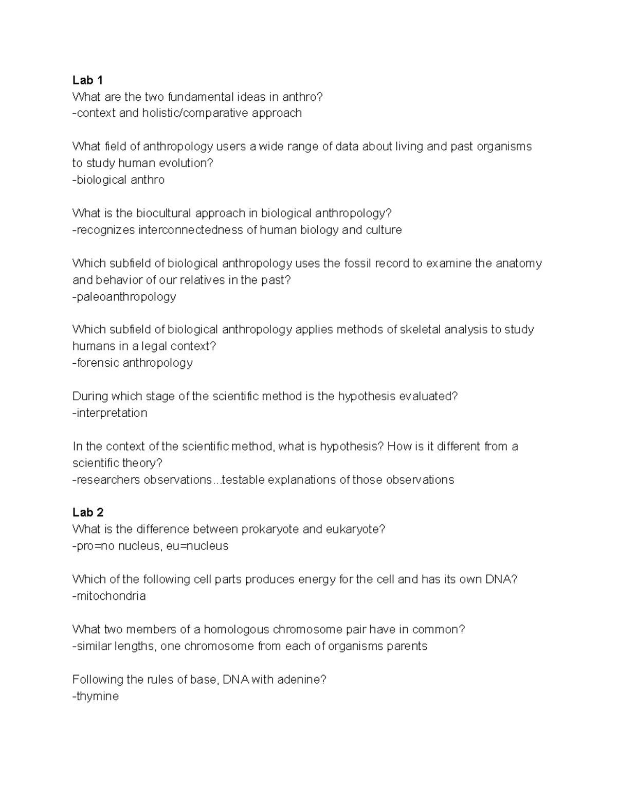 Anthro CRQ - study document of critical reading questions - Lab 1 What ...