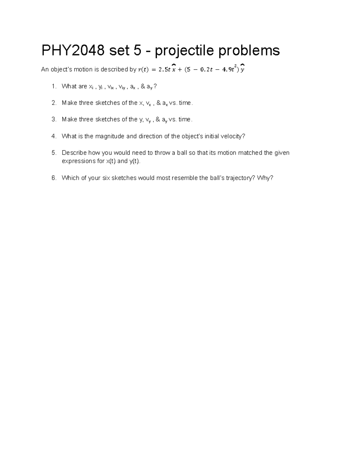 PHY2048 set 5 - projectile problems - PHY2048 set 5 - projectile ...